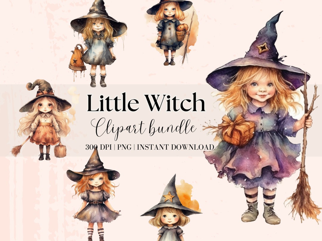 Little Witch Clipart Bundle Watercolor Witch Clipart Cute Halloween ...