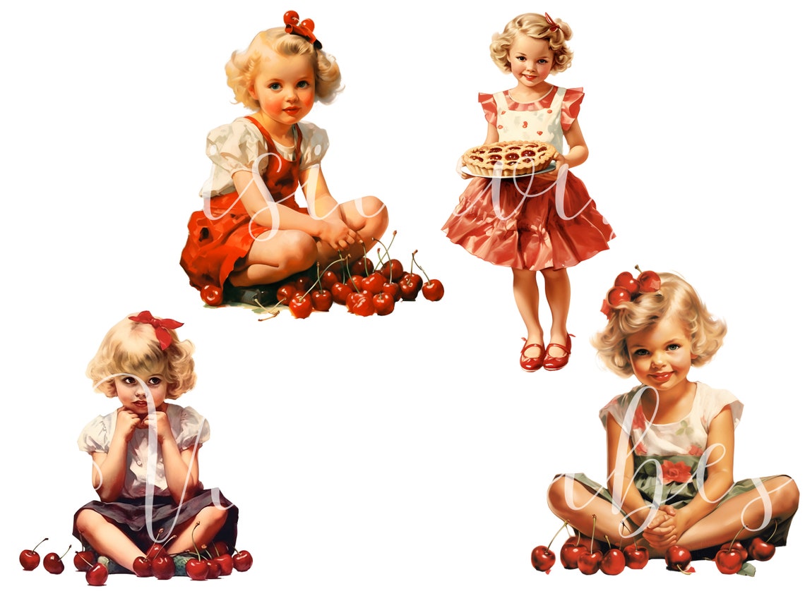 Retro Girl With Cherry Clipart Bundle Retro Girl Clipart - Etsy