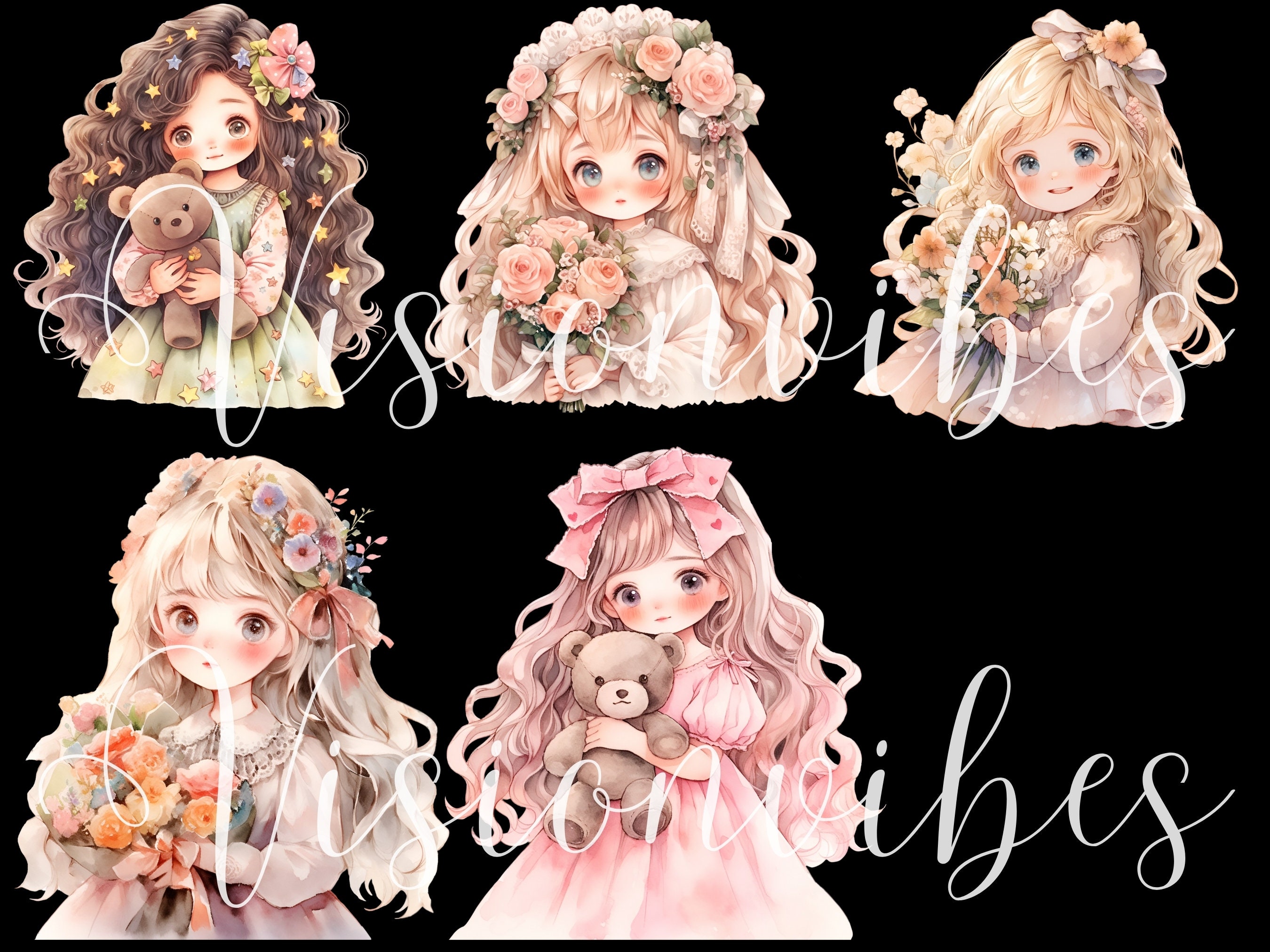 Cute Little Girl Clipart Watercolor Girl Clipart Bundle Floral Girl ...