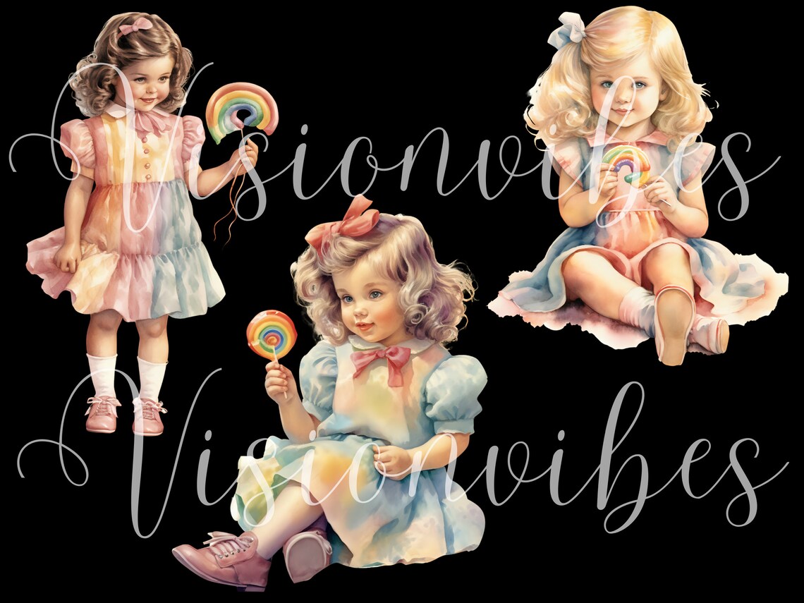 Retro Girl With Candy Watercolor Clipart Bundle Little Girl - Etsy