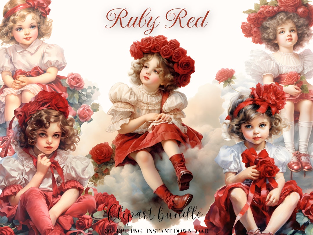 Vintage Girl With Ruby Red Roses Clipart Bundle Clouds Clipart for Kids ...
