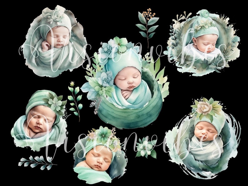 Newborn Watercolor Clipart Bundle Mint Boho Baby Clipart Nursery ...