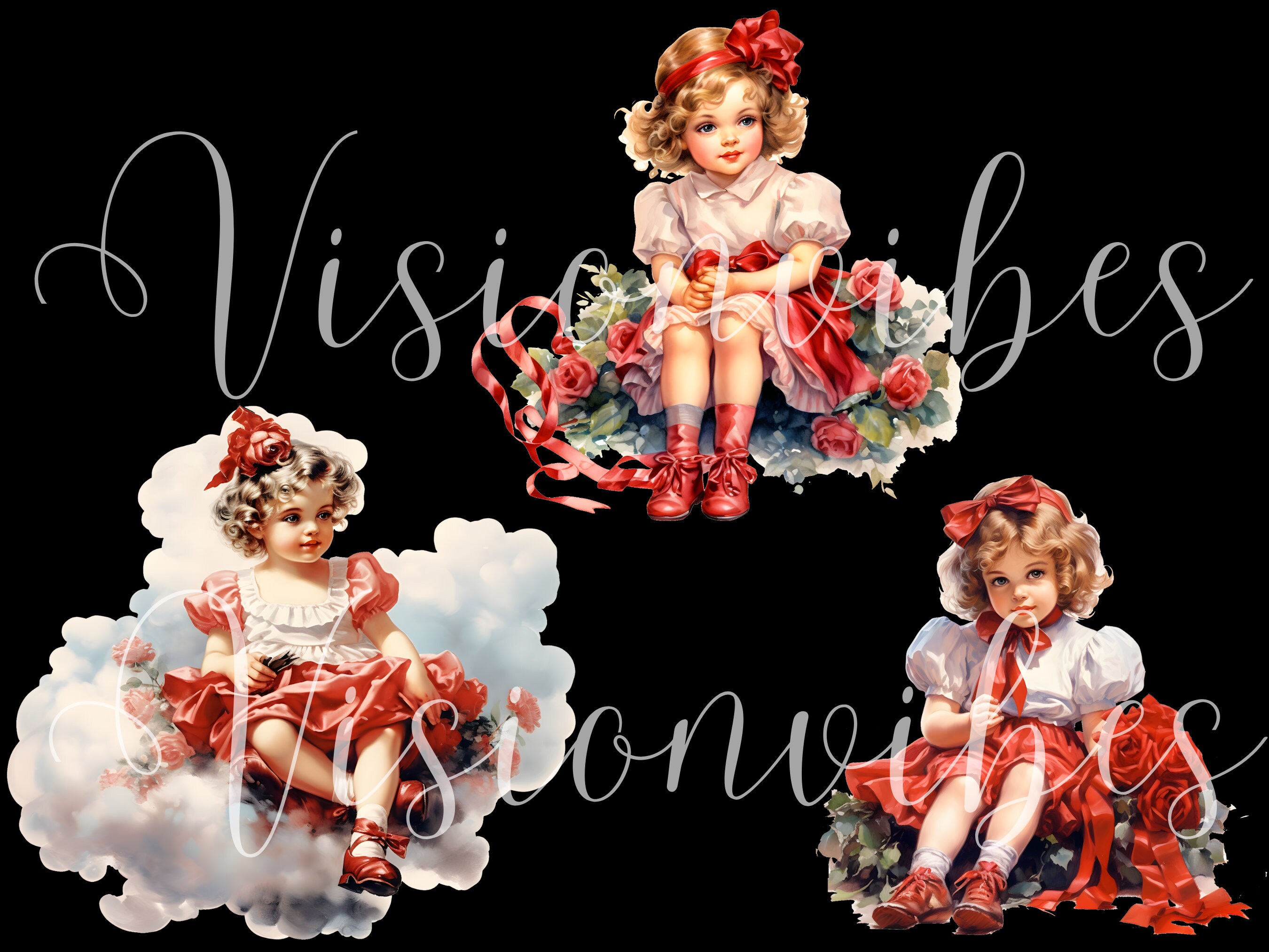 Vintage Girl With Ruby Red Roses Clipart Bundle Clouds Clipart - Etsy ...