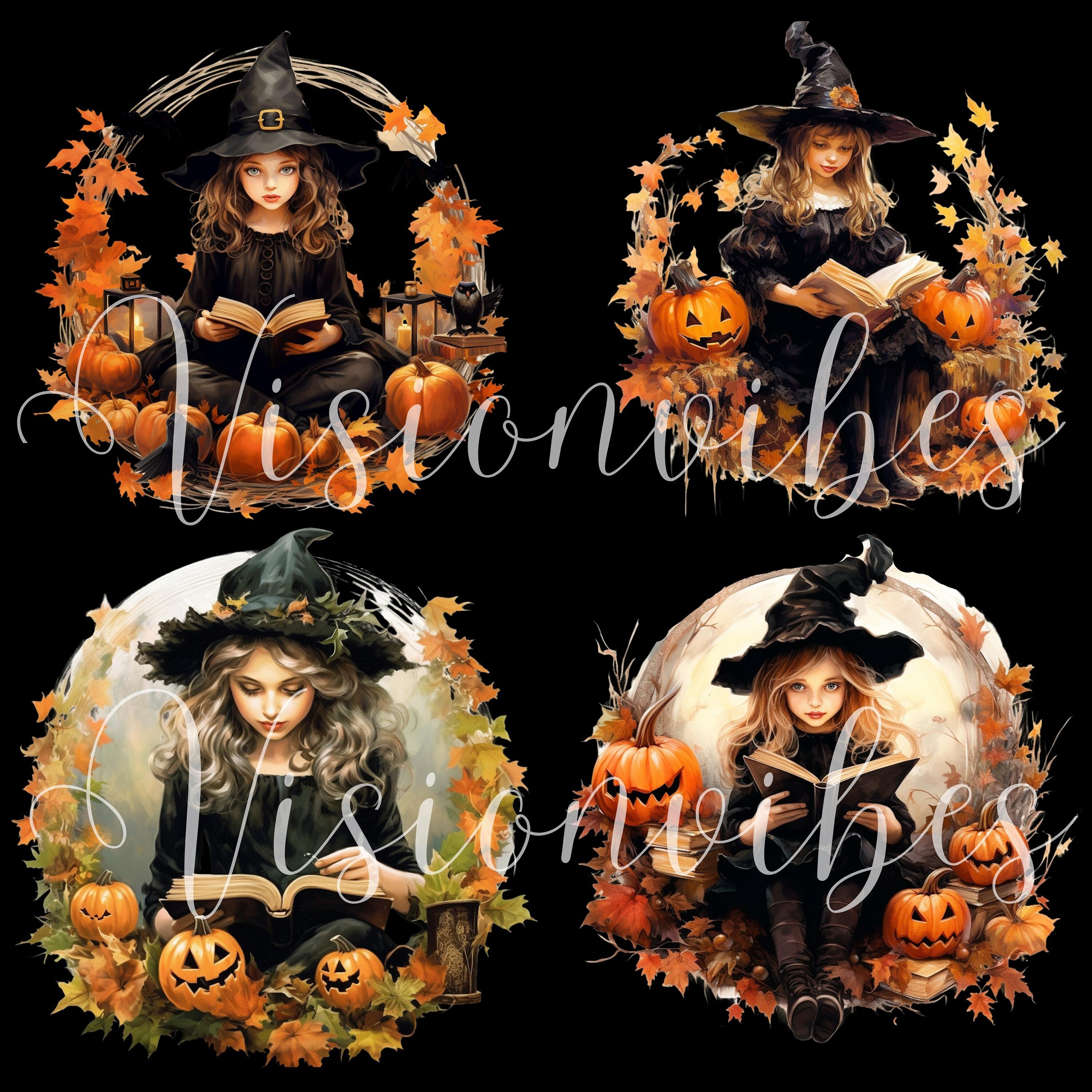 Halloween Little Witch Retro Clipart Bundle Witch Girl Clipart ...