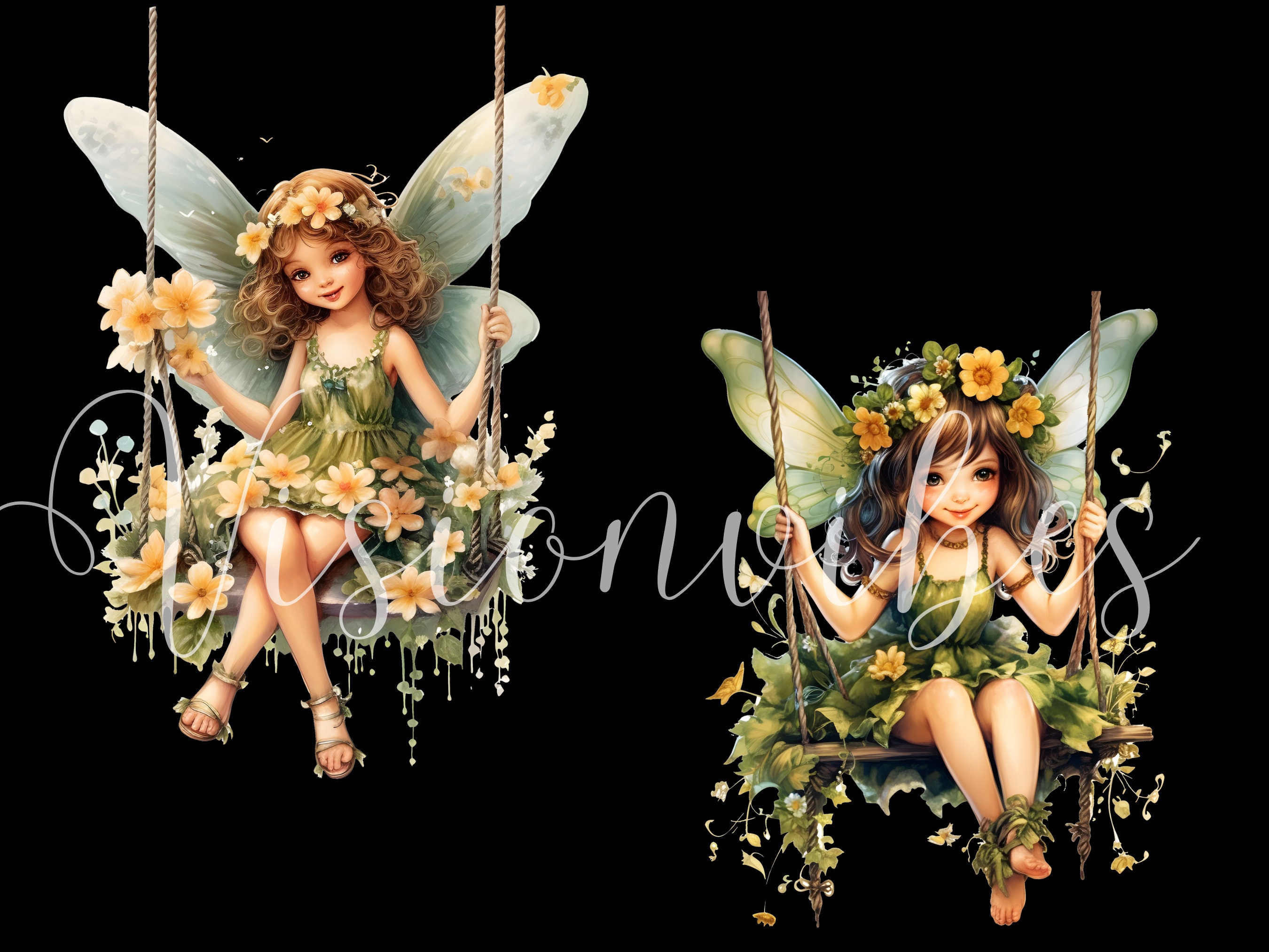 Fairy on Swing Clipart Bundle Girl on Swing Garden Fairy Magic Fairy ...