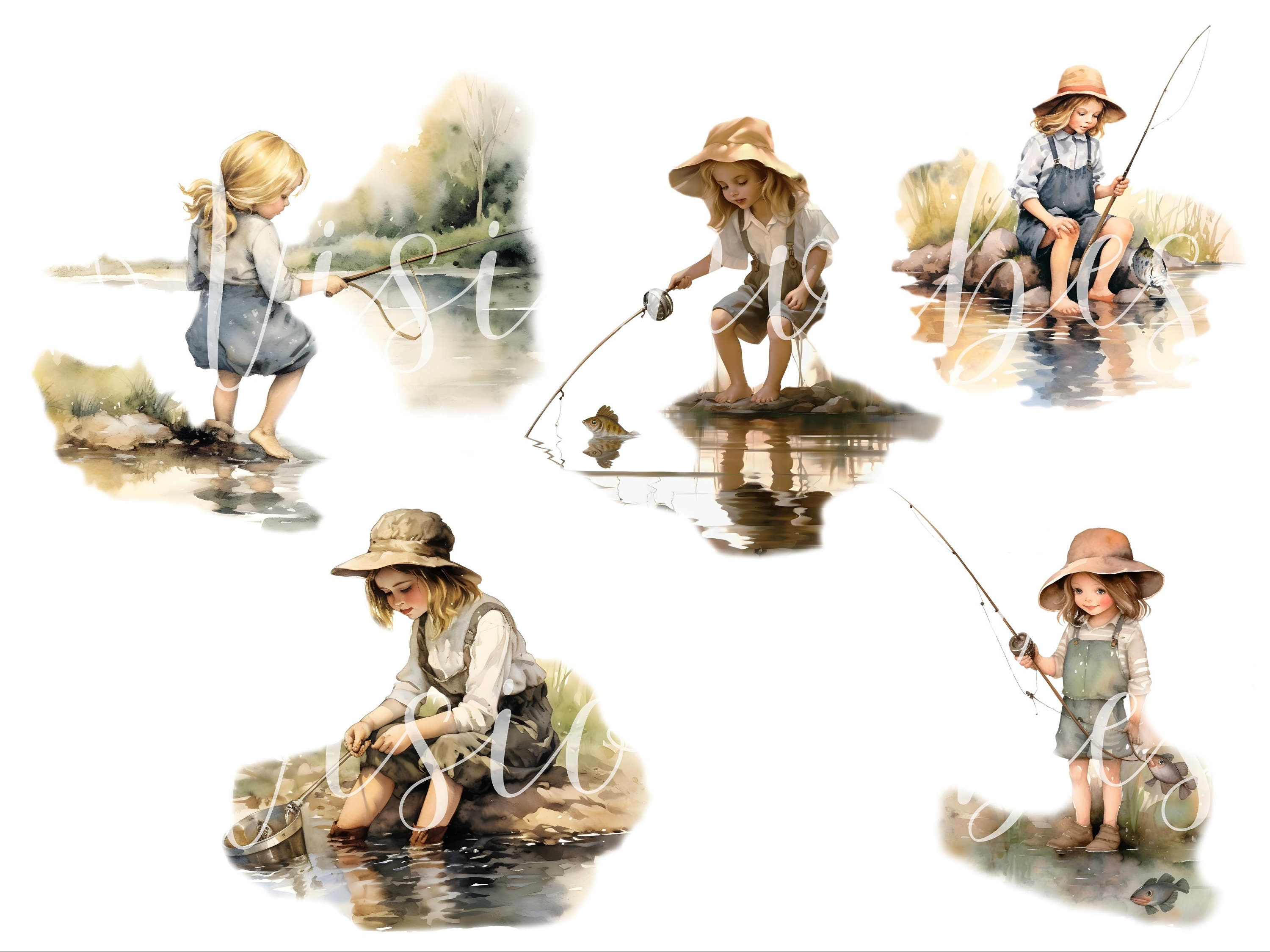 Vintage Girl Fishing Clipart Bundle Fishing Watercolor Clipart Vintage ...