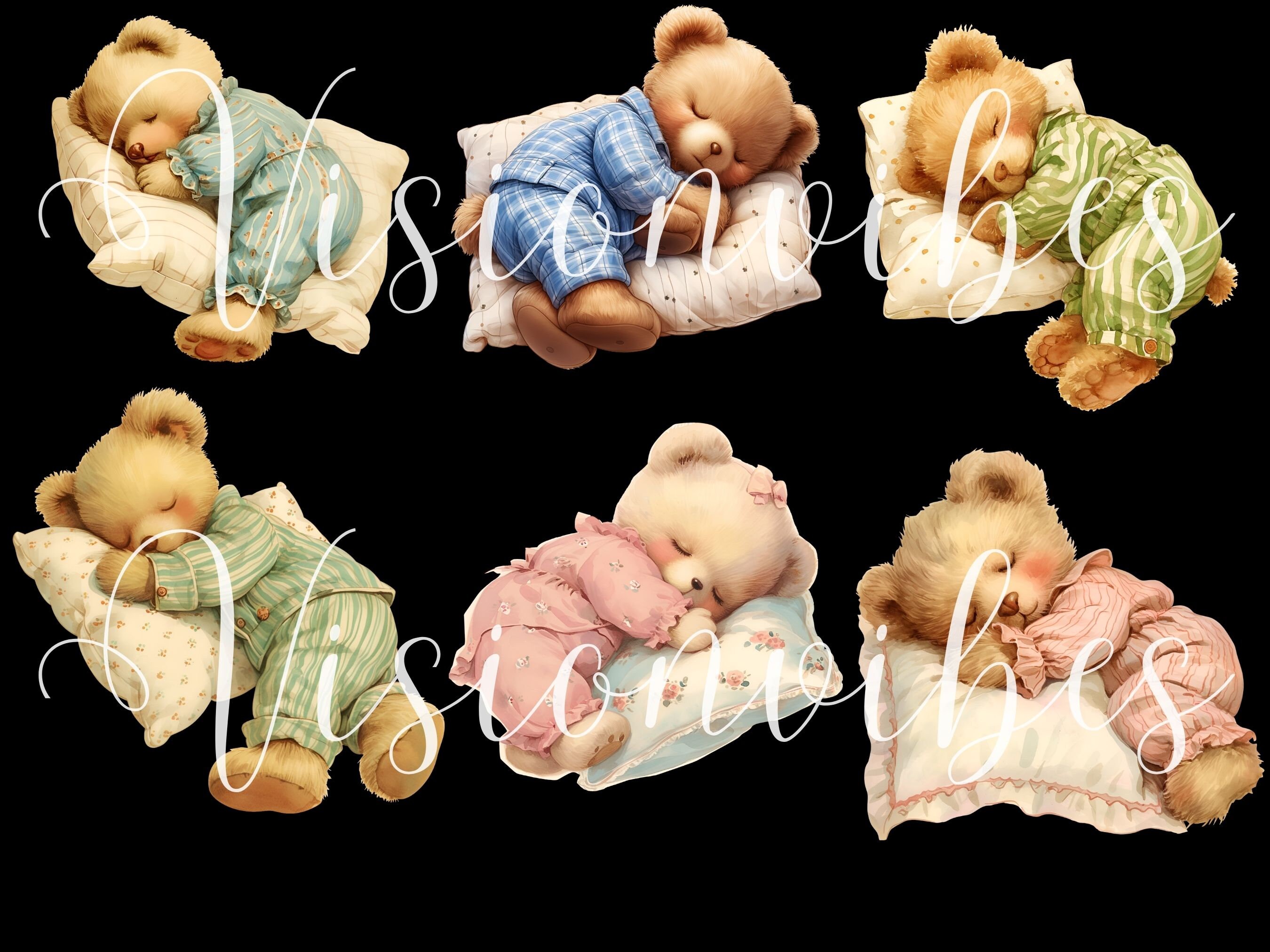 Teddy Bear Sleeping on a Pillow Clipart Bundle Watercolor Bear Pink ...