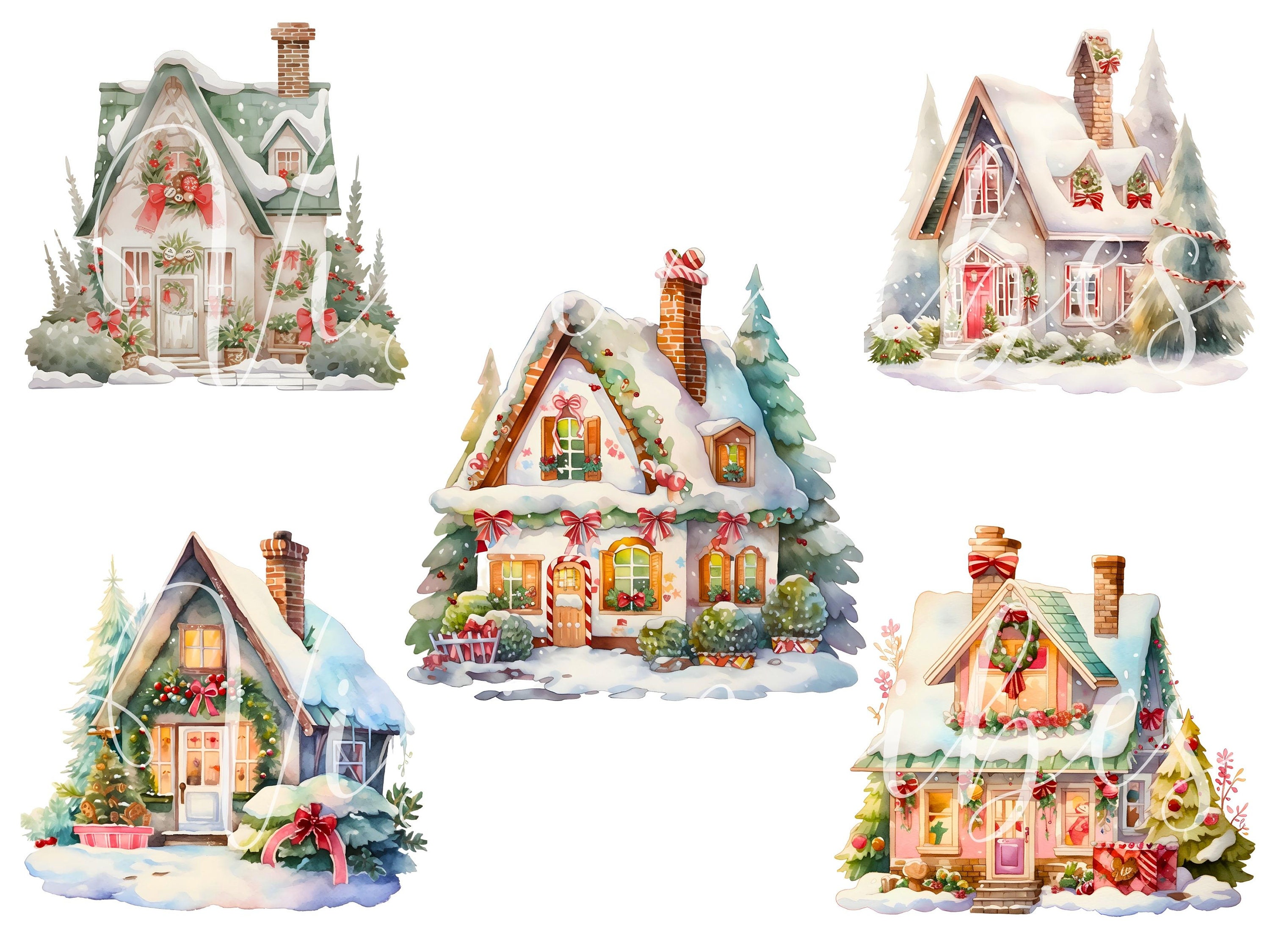 Christmas Cottage Watercolor Bundle, Winter House Clipart, Cottage in ...