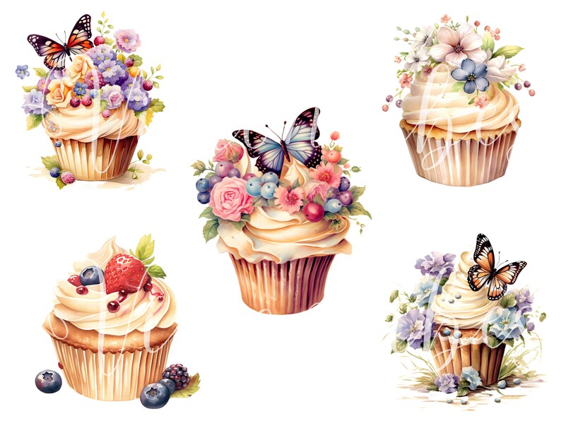 Floral Cupcake Clipart Watercolor Cupcake Clipart Bundle - Etsy