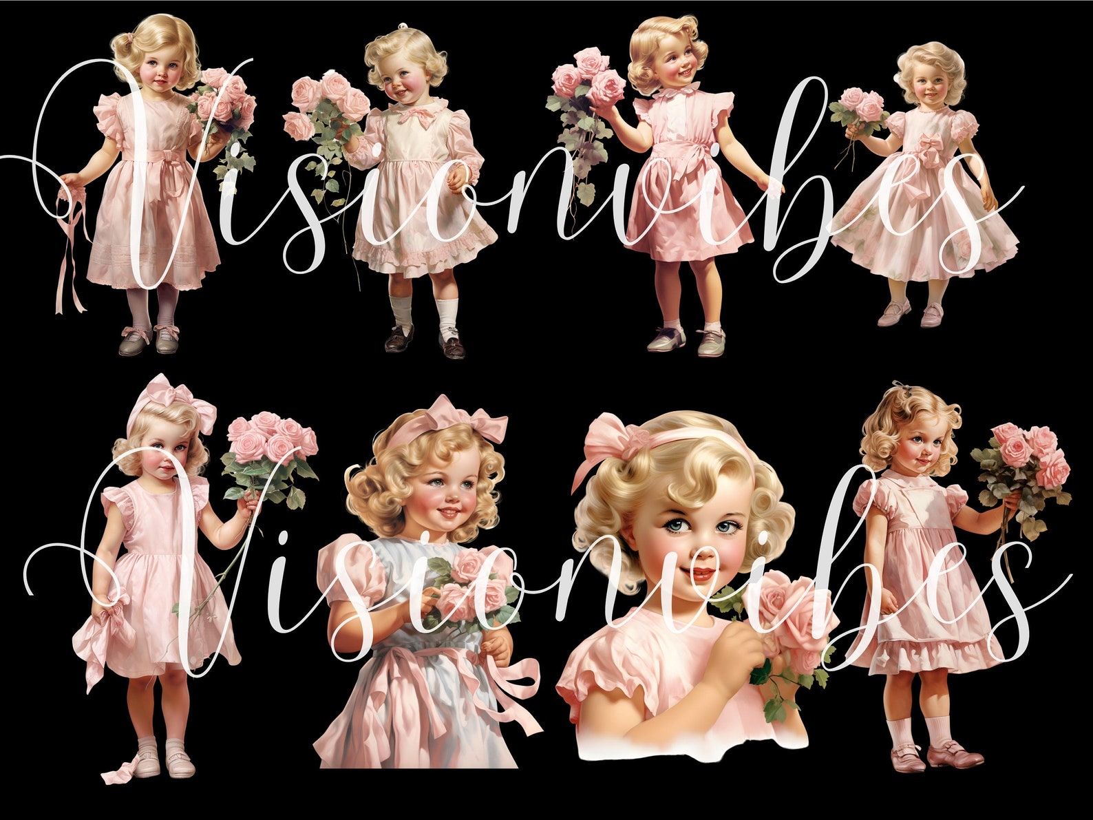 Vintage Girl With Pink Roses Clipart Bundle Retro Girl Clipart Summer ...