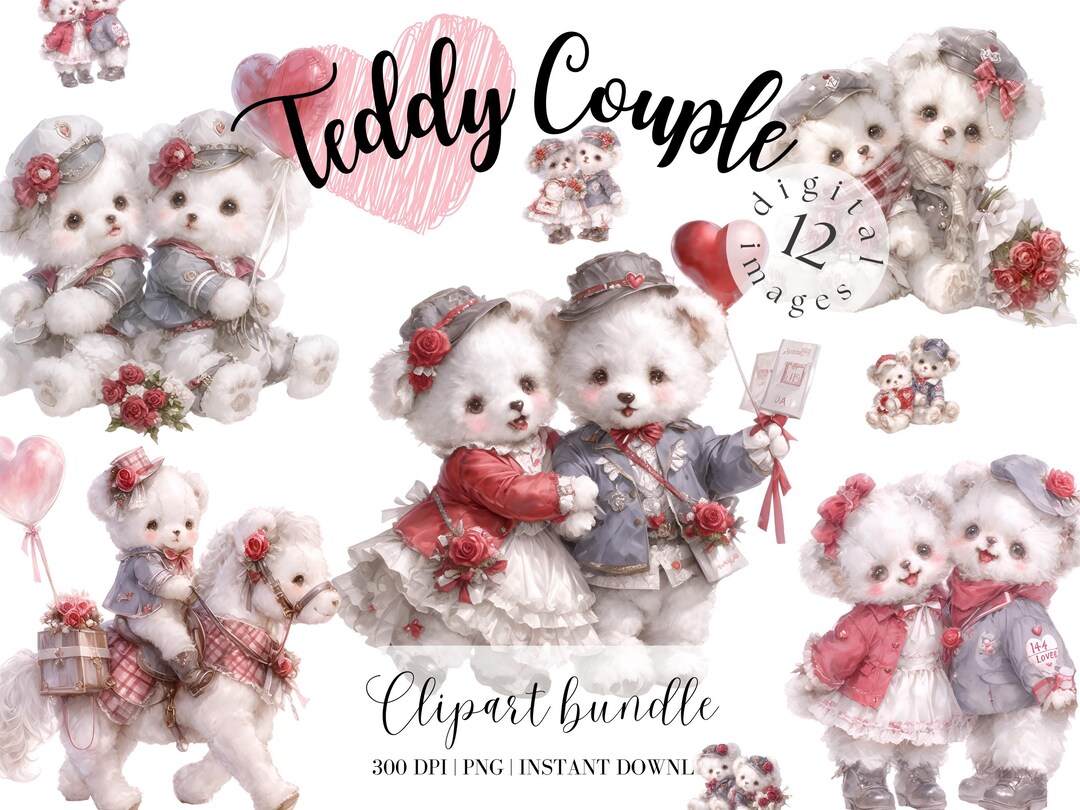 Cute Teddy Couple Clipart Bundle White Bears Digital Image Junk Journal ...
