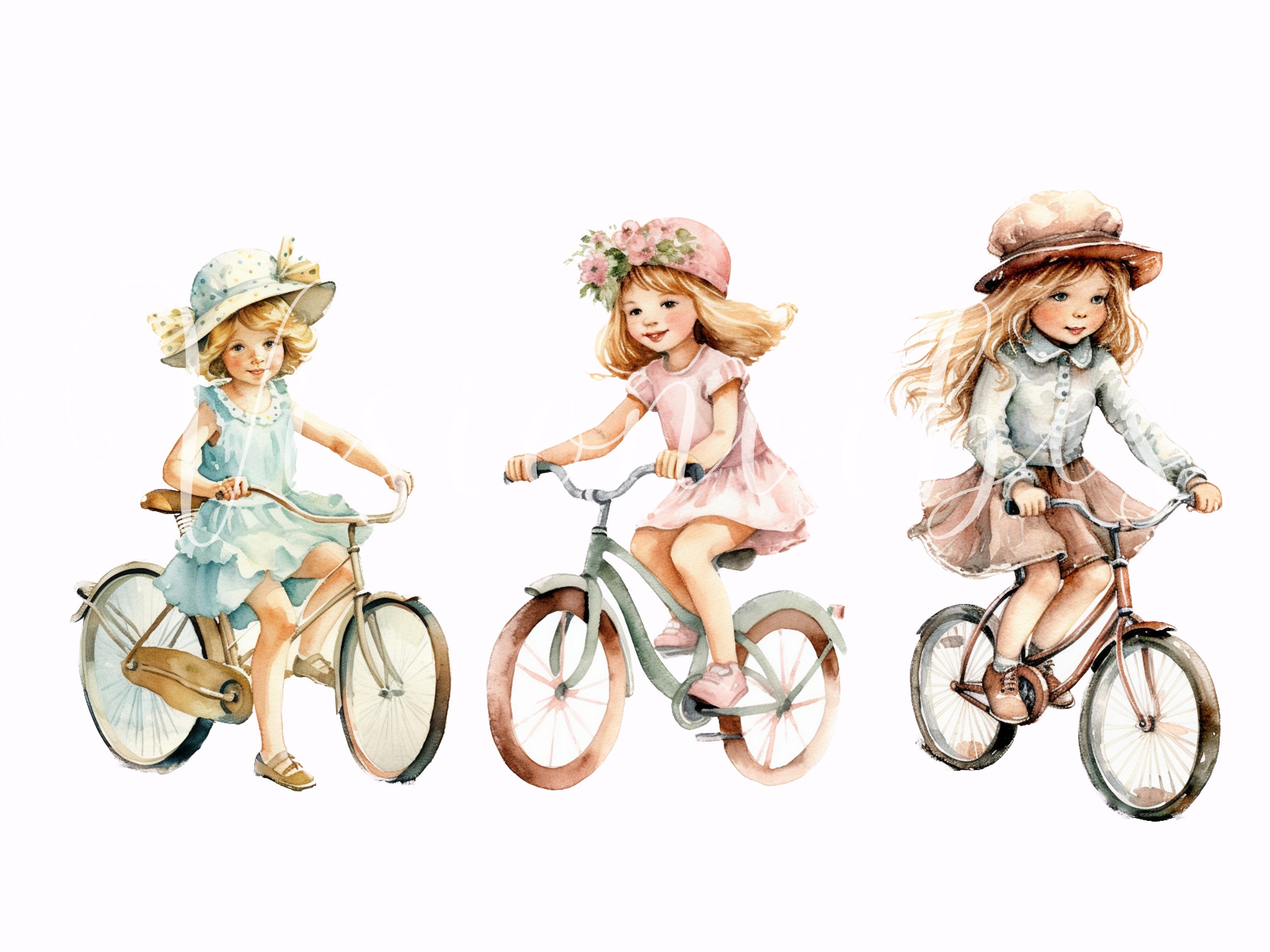 Girl Riding Bicycle Clipart Bundle Retro Girl Clipart Summer Clipart ...