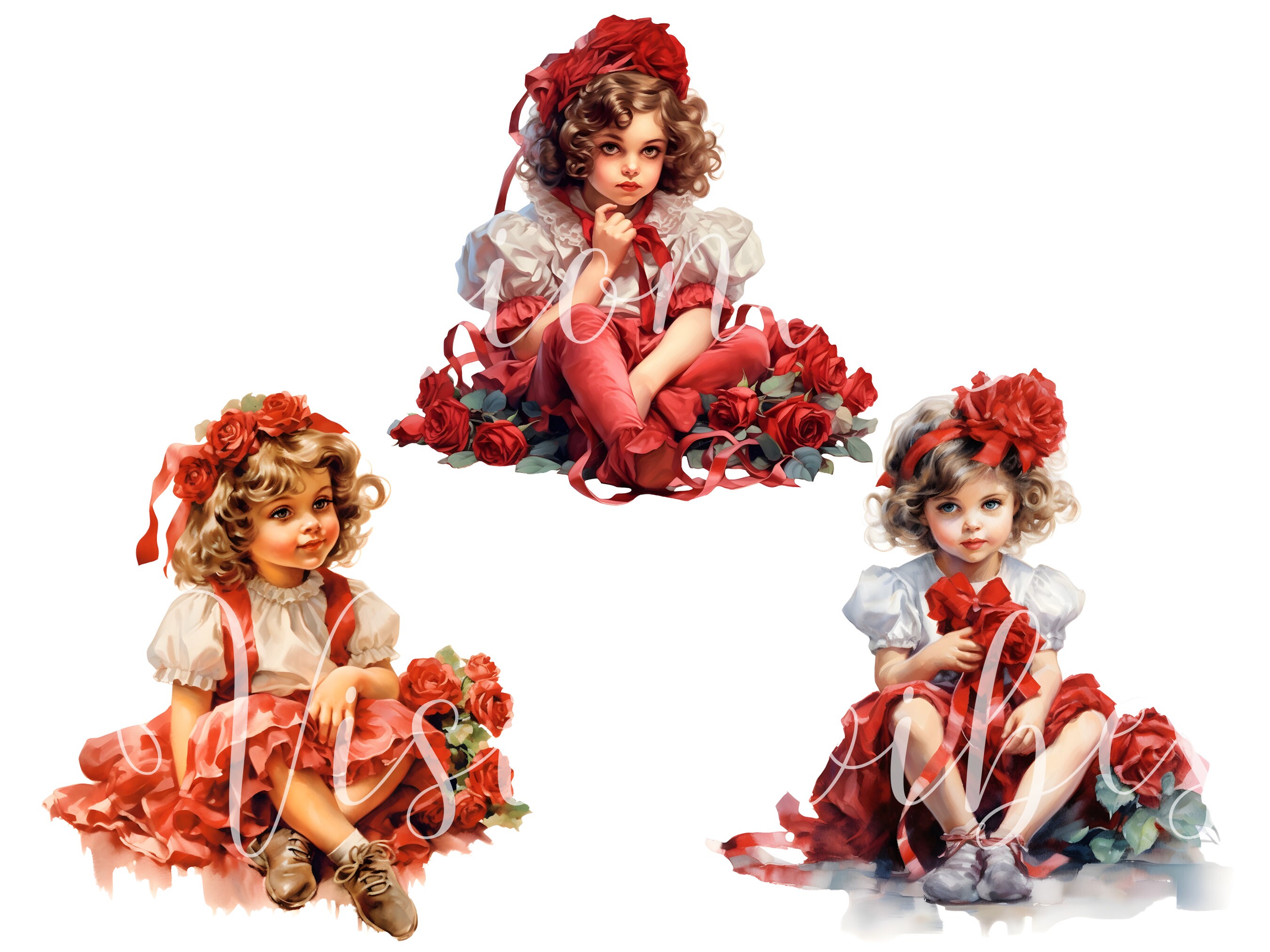 Vintage Girl With Ruby Red Roses Clipart Bundle Clouds Clipart - Etsy ...