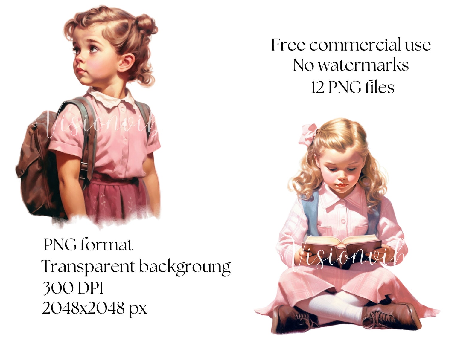 Back to School Clipart Bundle Watercolor Retro School Girl Digital ...