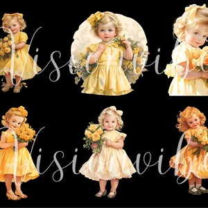 Retro Little Girl in Yellow Dress Watercolor Clipart Bundle Vintage ...