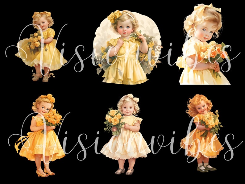 Retro Little Girl in Yellow Dress Watercolor Clipart Bundle Vintage ...