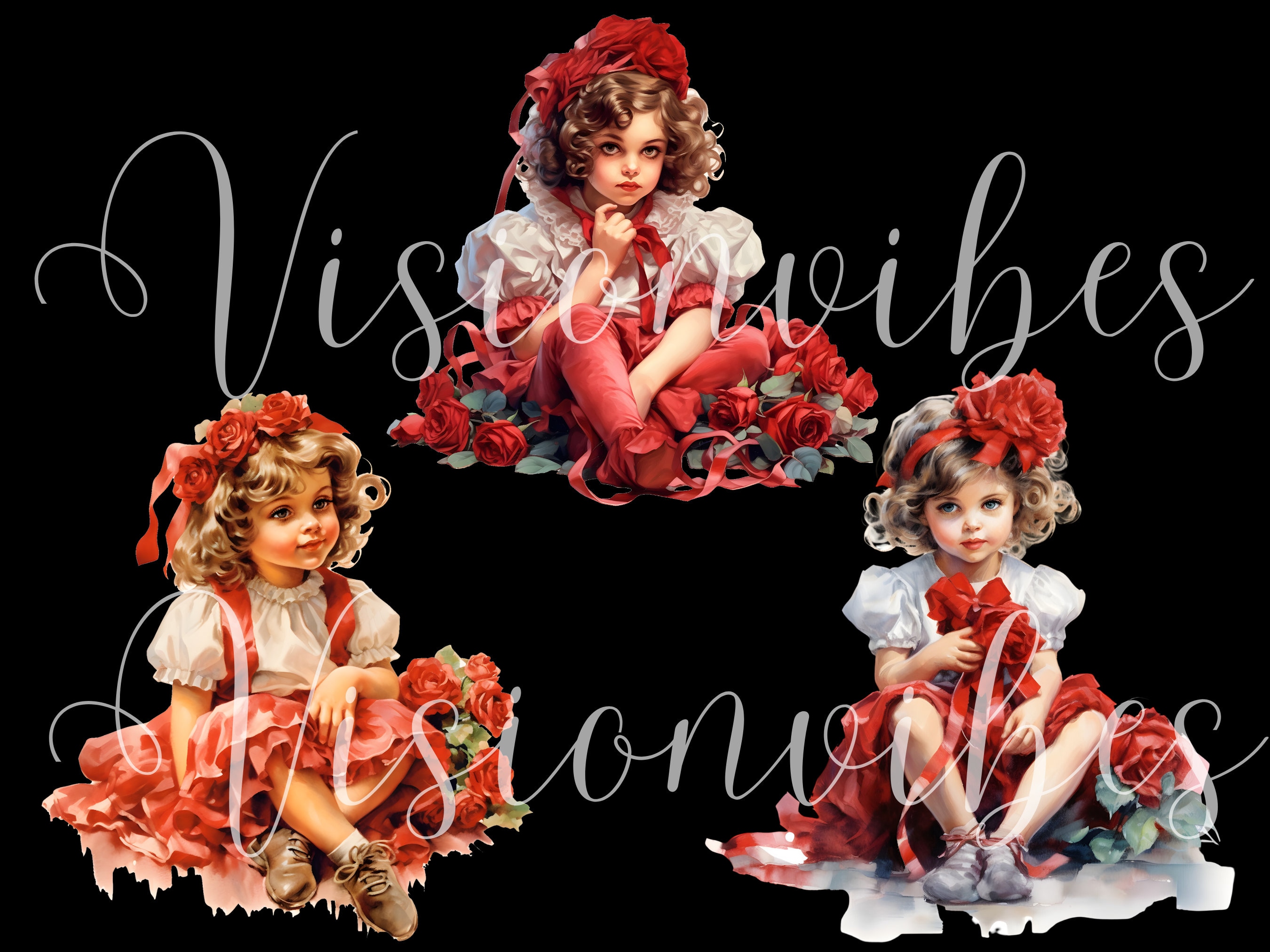 Vintage Girl With Ruby Red Roses Clipart Bundle Clouds Clipart - Etsy ...