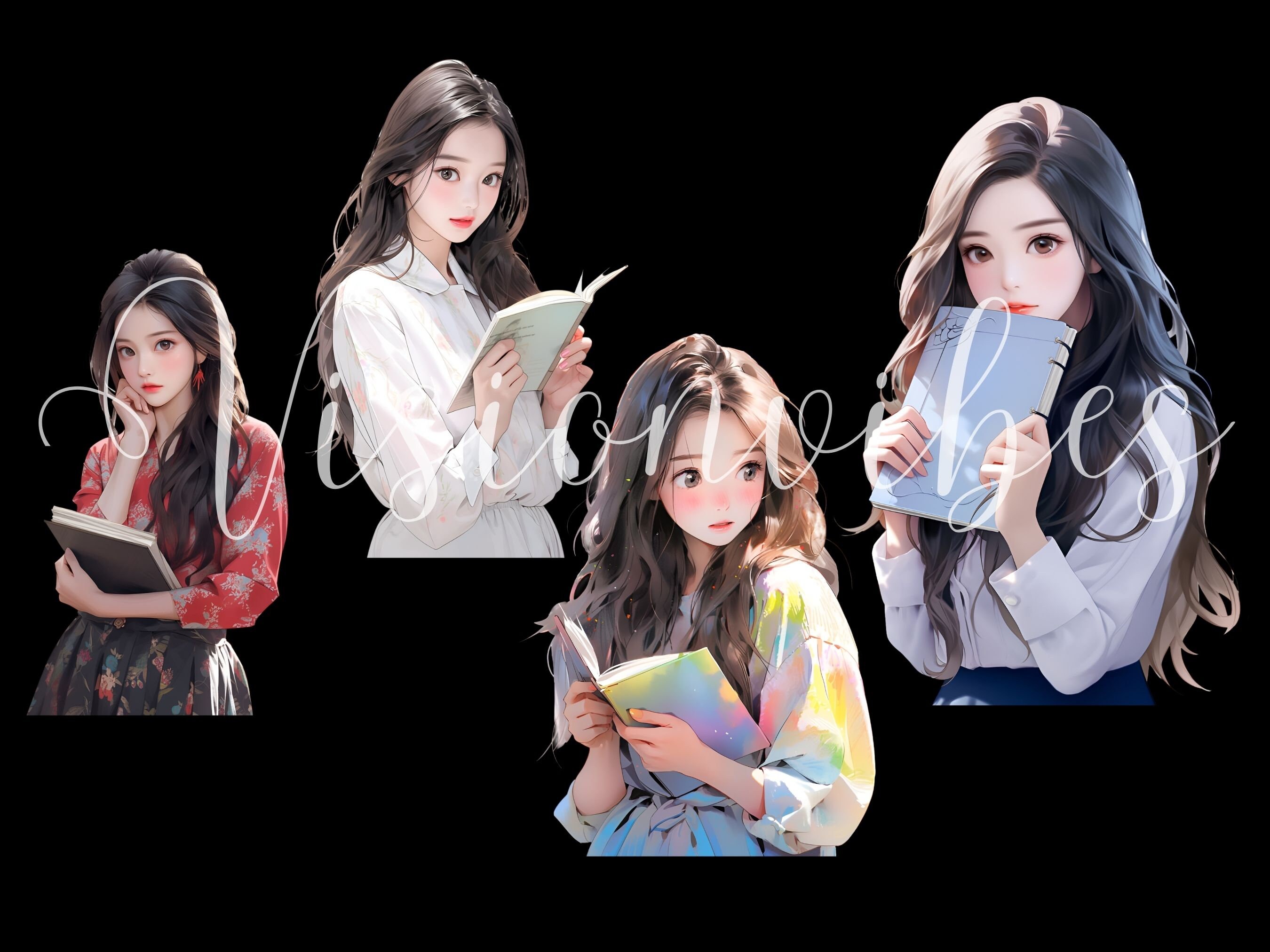 Asian Book Lover Clipart Book Clip Art Watercolor Cute Girl Clipart ...