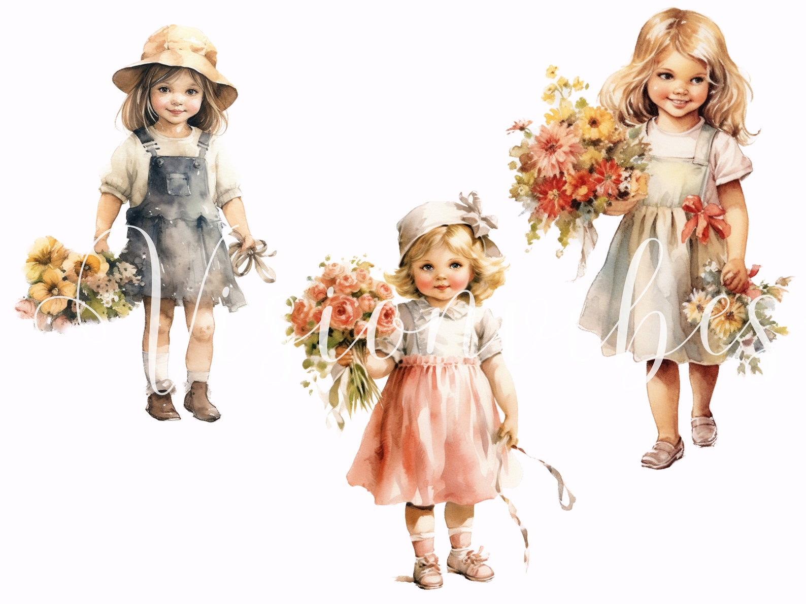 Retro Girl Clipart Bundle Watercolor Retro Girl Flowers Clipart Summer ...
