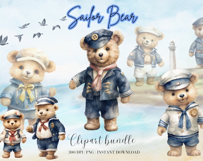 Watercolor Teddy Bear Clipart. Nautical Kids Clip Art. Baby Boy Clip ...