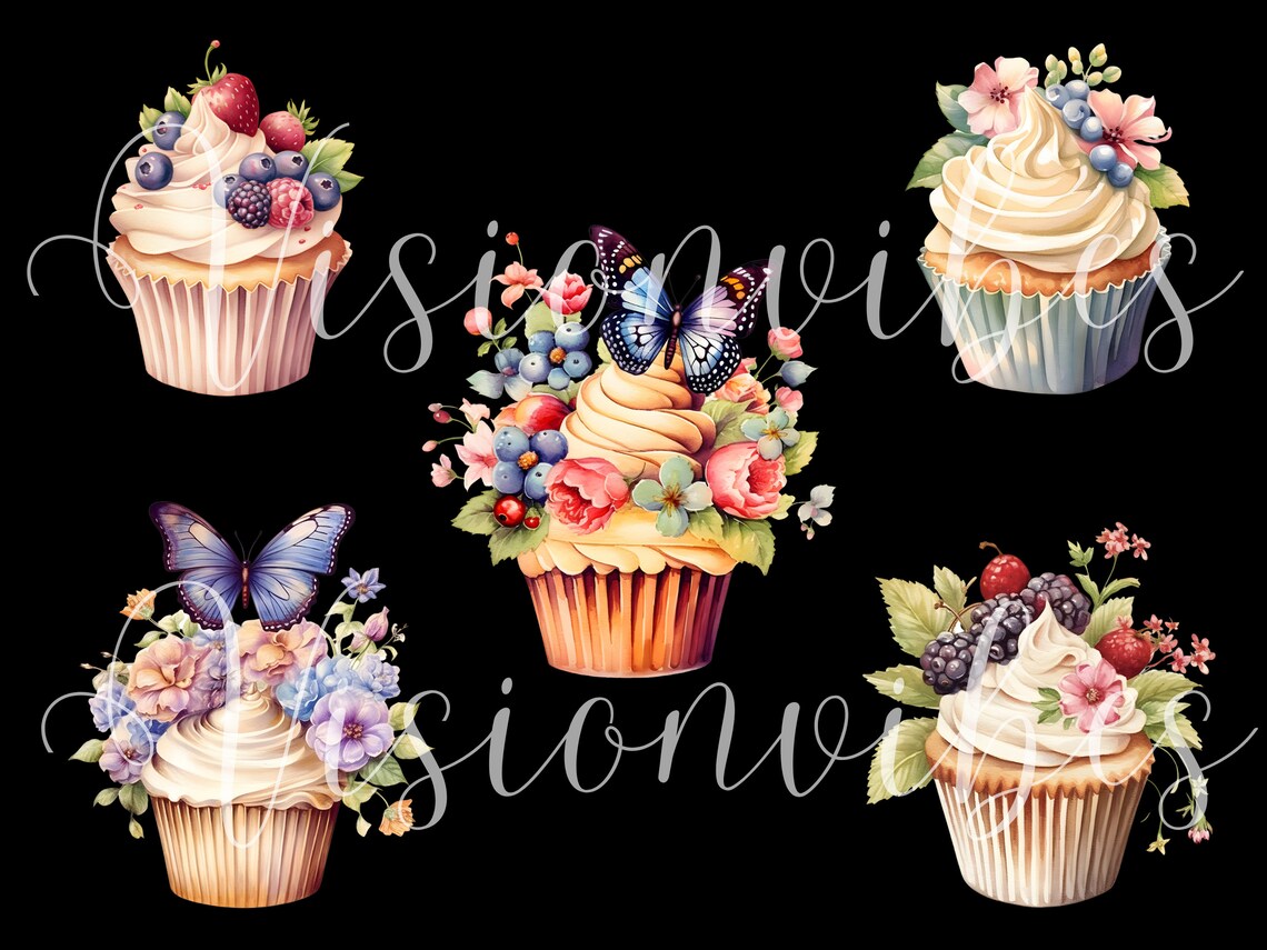 Floral Cupcake Clipart Watercolor Cupcake Clipart Bundle Cupcake PNG ...