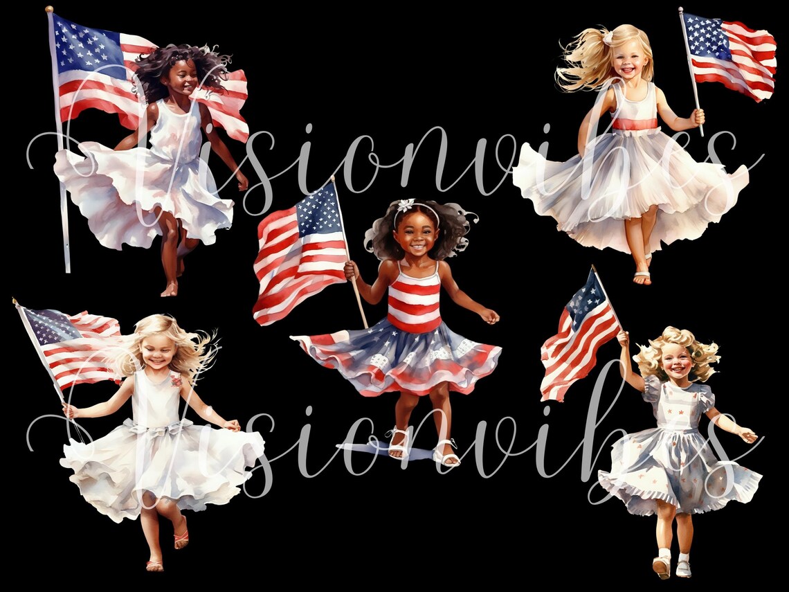 4th of July Clipart Watercolor Girl With American Flag - Etsy