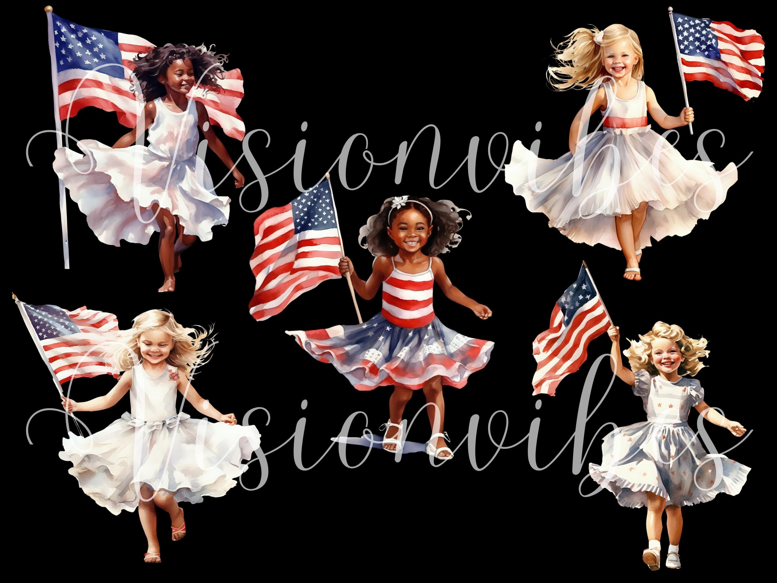 4th of July Clipart Watercolor Girl With American Flag Patriotic ...