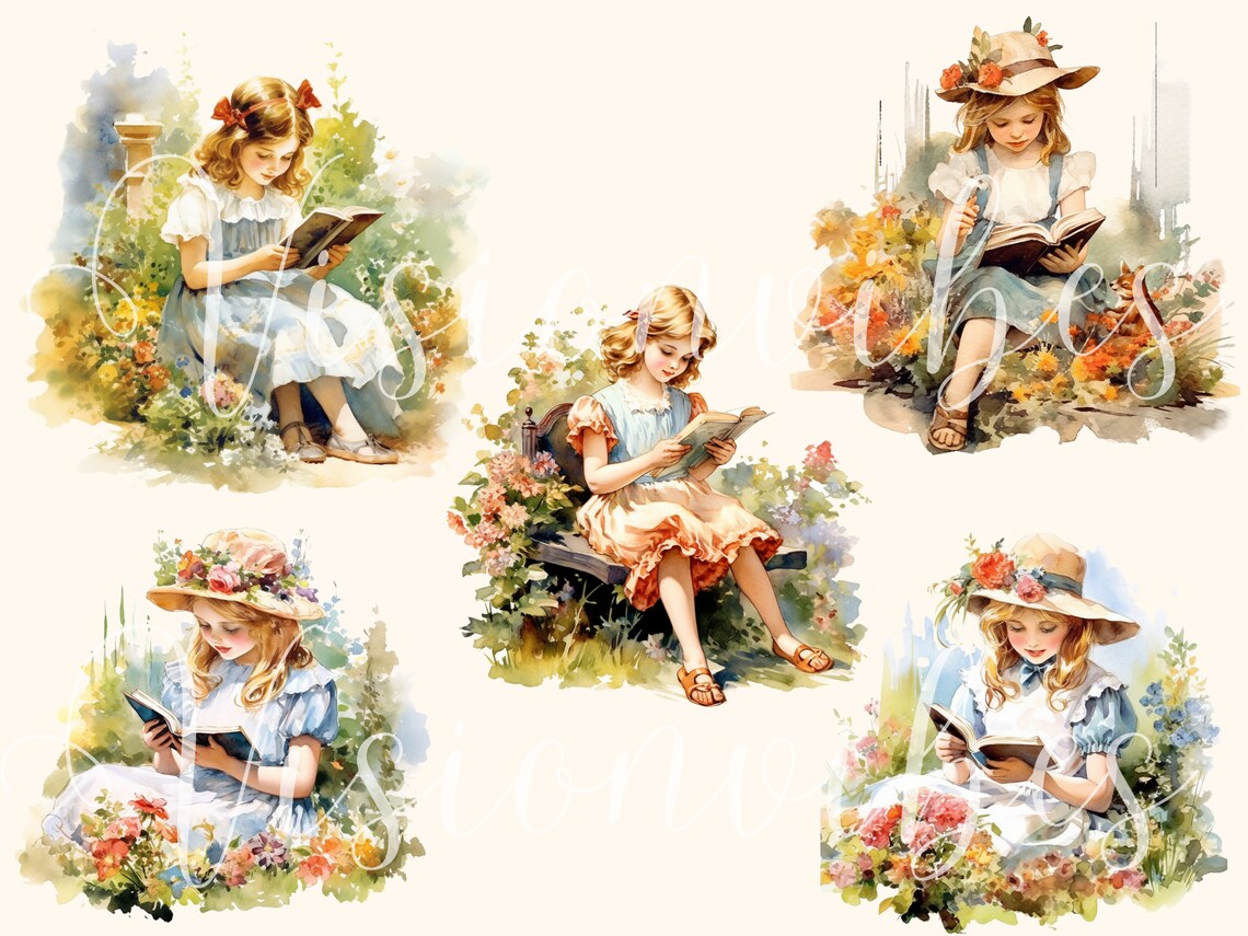 Vintage Book Lover Clipart Book Clip Art Watercolor Vintage Girl ...