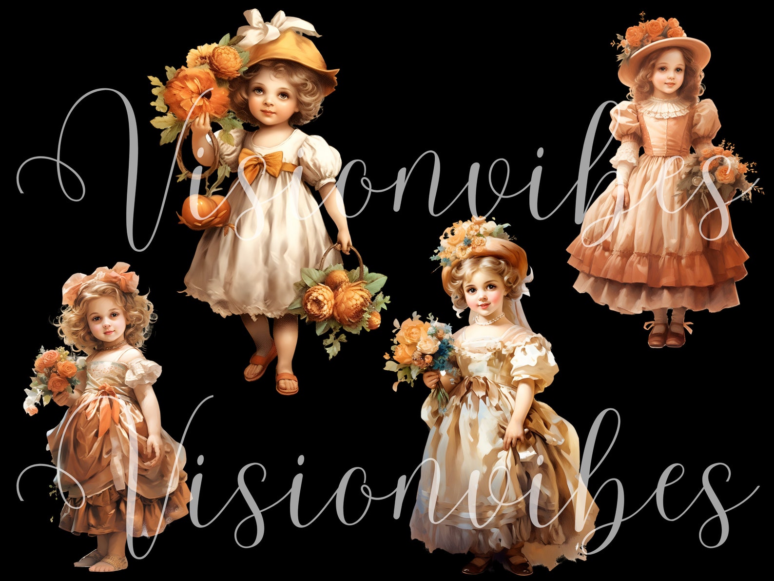 Vintage Girl Clipart Bundle, Watercolor Terracotta Style (PNG) - Etsy