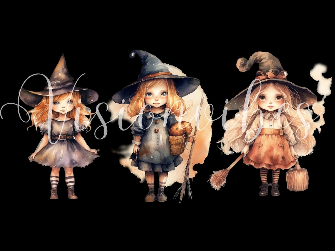 Little Witch Clipart Bundle Watercolor Witch Clipart Cute Halloween ...