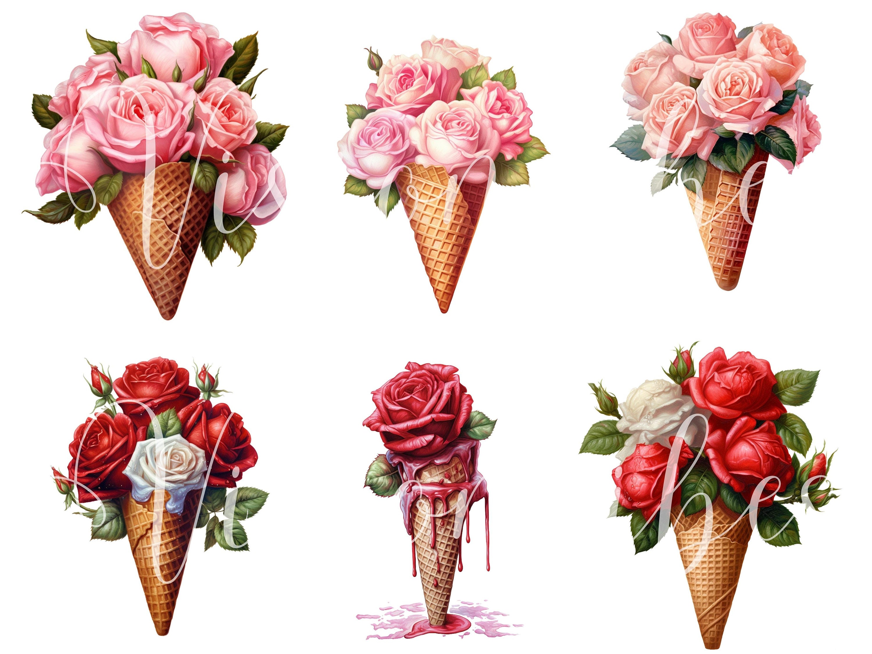 Roses in Waffle Cones Watercolor Clipart Bundle Roses Digital - Etsy