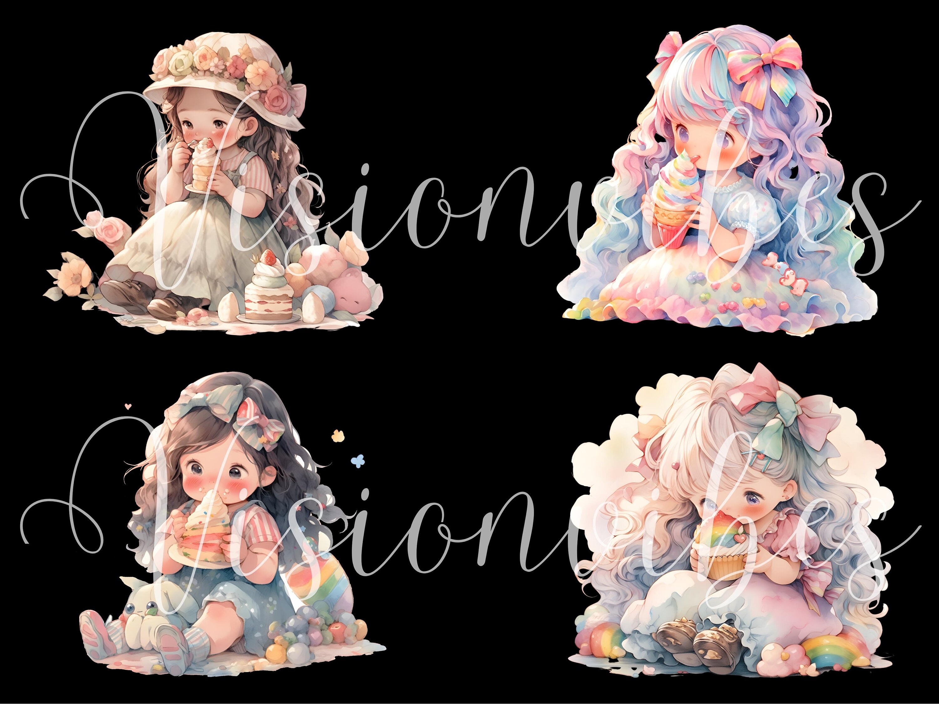 Retro Little Girl With Rainbow Candy Clipart Bundle Sweets and Girl in ...
