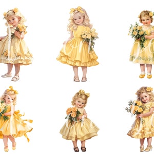 Retro Little Girl in Yellow Dress Watercolor Clipart Bundle Vintage ...