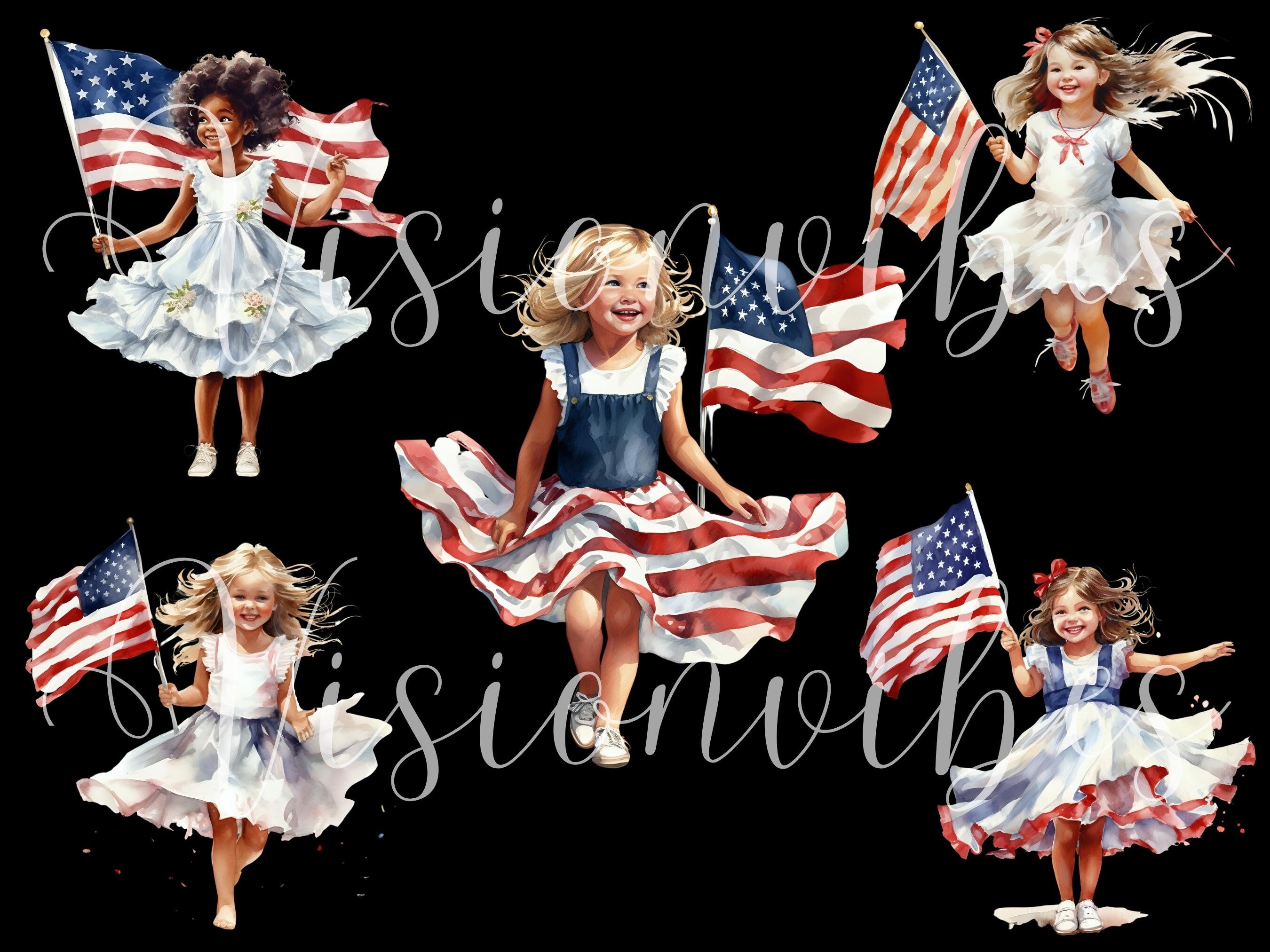 4th of July Clipart Watercolor Girl With American Flag Patriotic ...