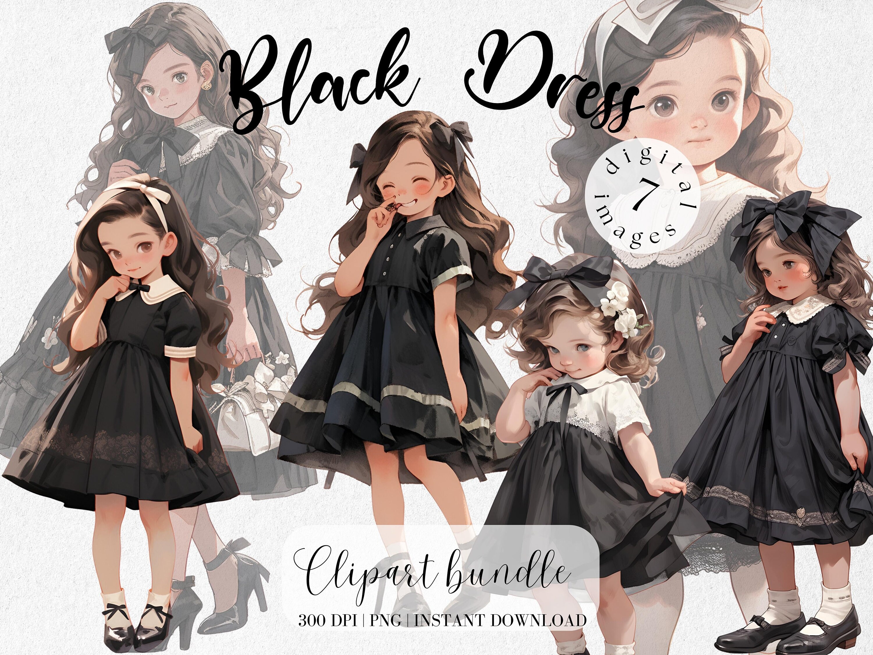 Retro Little Girl in Black Dress Clipart Bundle Vintage Girl in Vintage ...