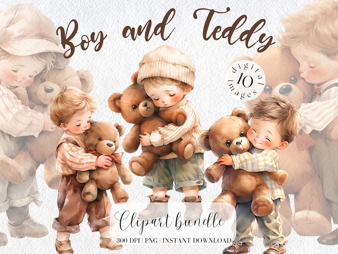 Little Boy With Teddy Bear Watercolor Illustration Clipart Bundle Cute ...