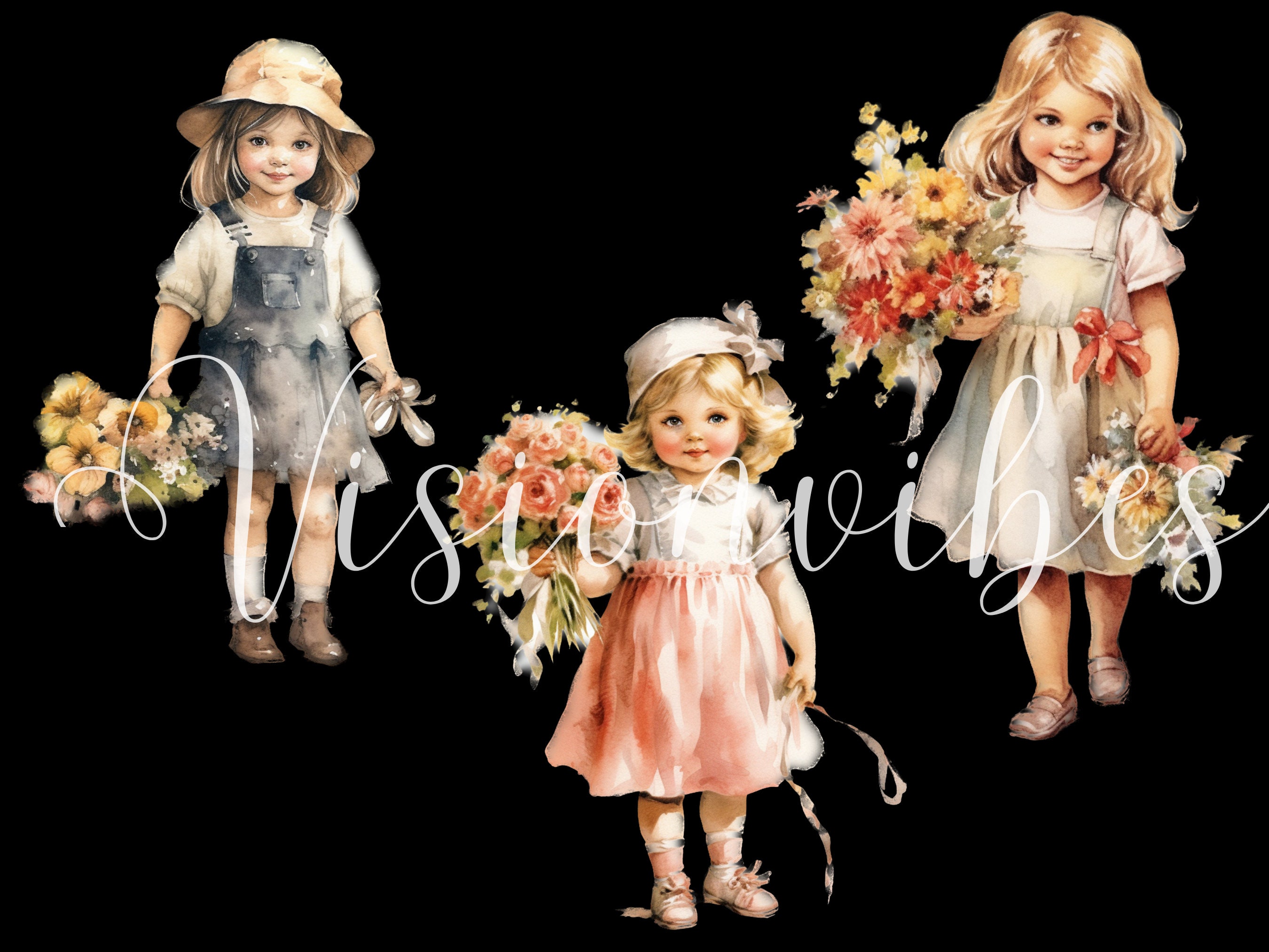 Retro Girl Clipart Bundle Watercolor Retro Girl Flowers - Etsy