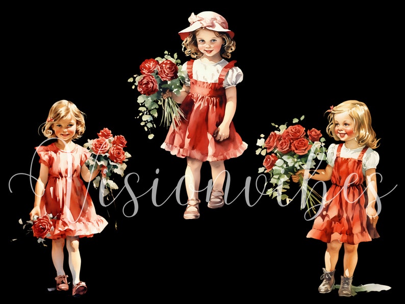 Retro Girl With Red Roses Clipart Bundle Retro Girl Clipart - Etsy