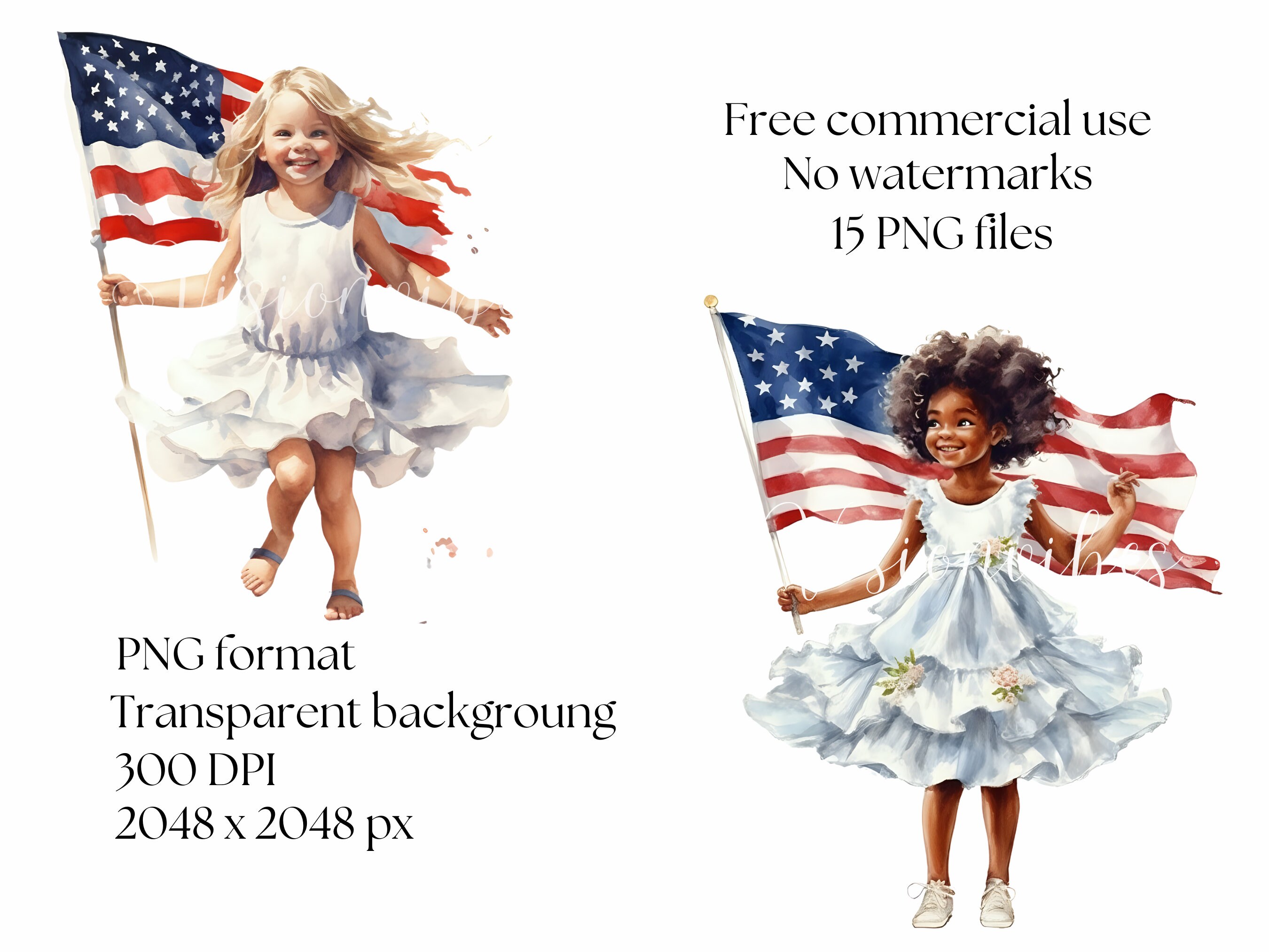 4th of July Clipart Watercolor Girl With American Flag Patriotic ...