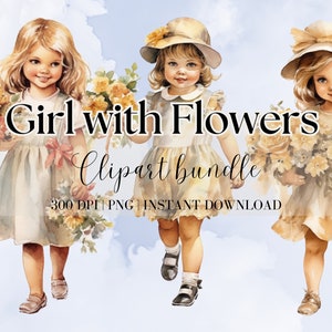 Retro Girl Clipart Bundle Watercolor Retro Girl Flowers Clipart Summer ...