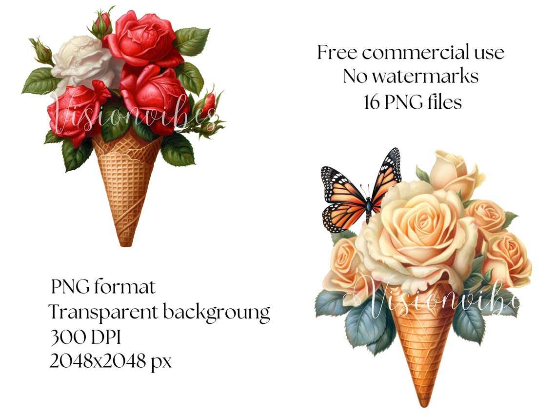 Roses in Waffle Cones Watercolor Clipart Bundle Roses Digital - Etsy