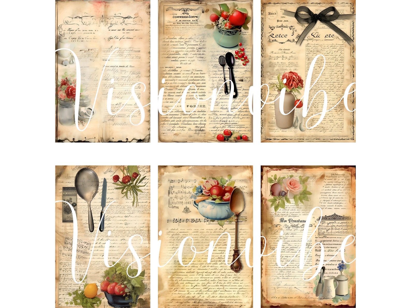 Vintage Recipe Digital Paper, Romantic Digital Paper, Vintage Paper ...