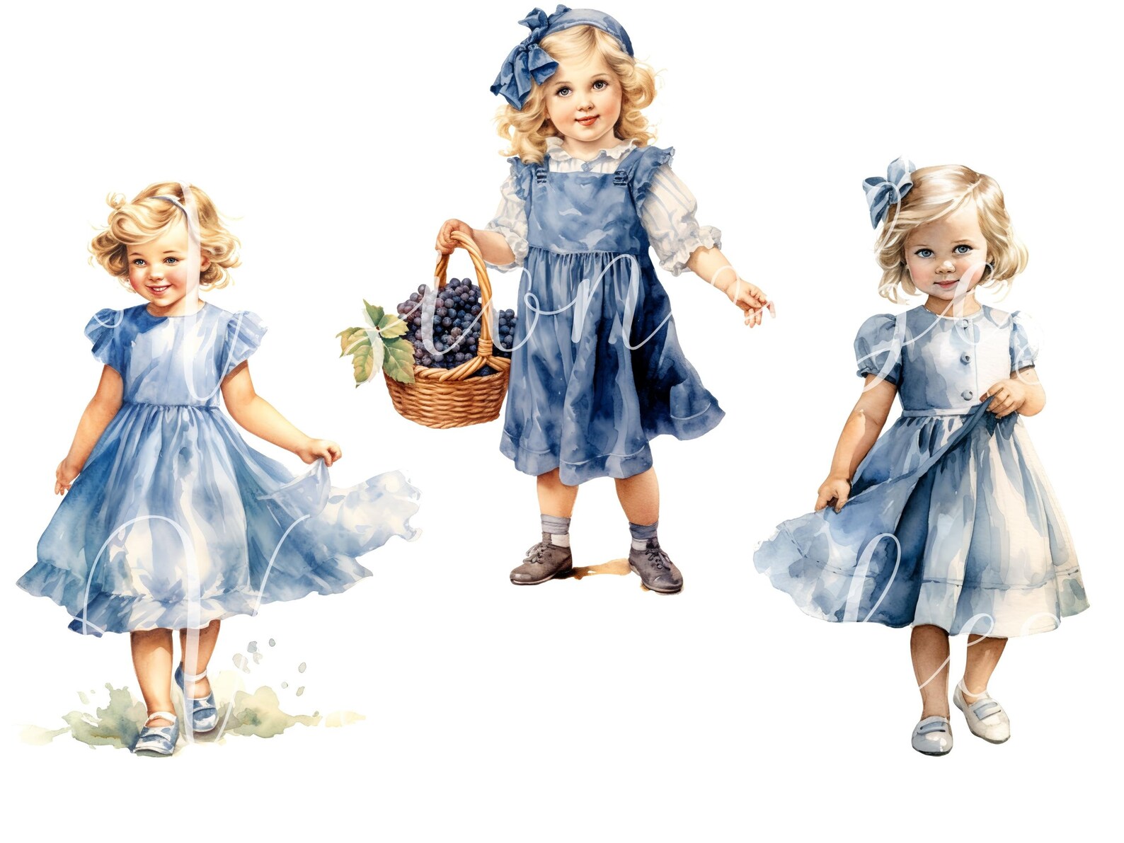 Retro Girl in Blue Dress Clipart Bundle Retro Girl Clipart Summer ...