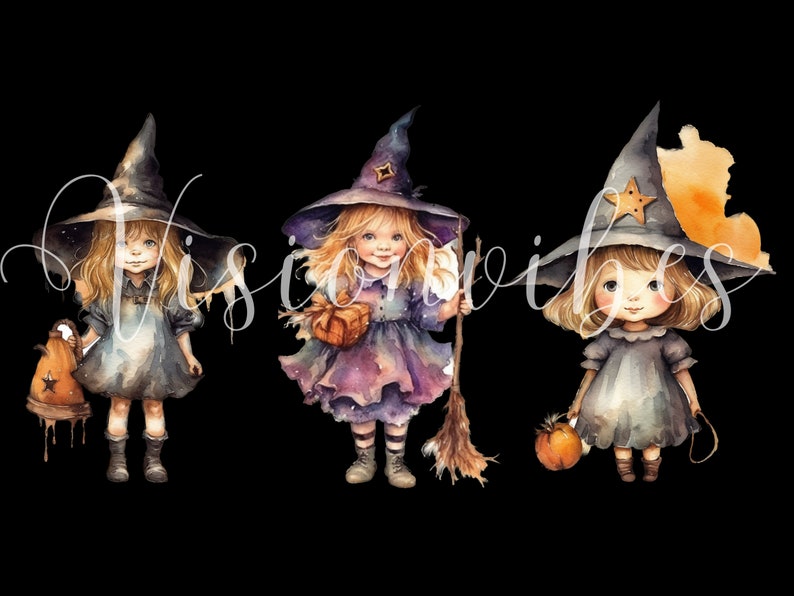 Little Witch Clipart Bundle Watercolor Witch Clipart Cute Halloween ...
