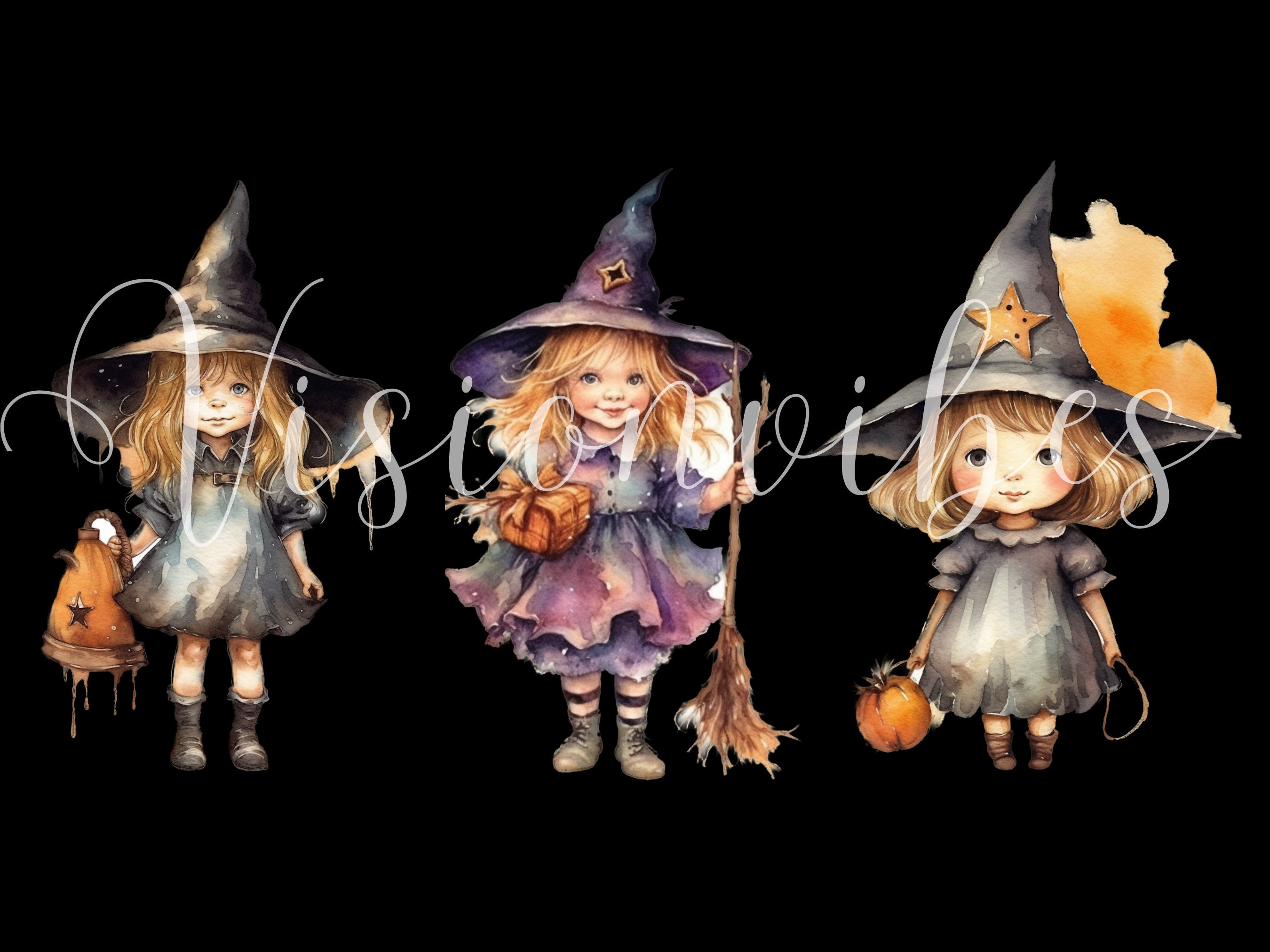 Little Witch Clipart Bundle Watercolor Witch Clipart Cute Halloween ...