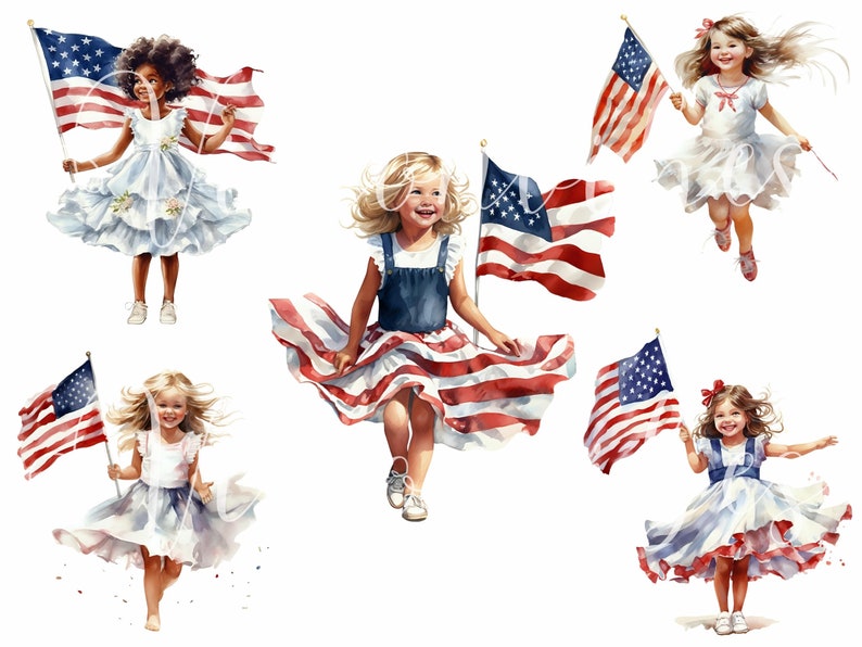 4th of July Clipart Watercolor Girl With American Flag Patriotic ...