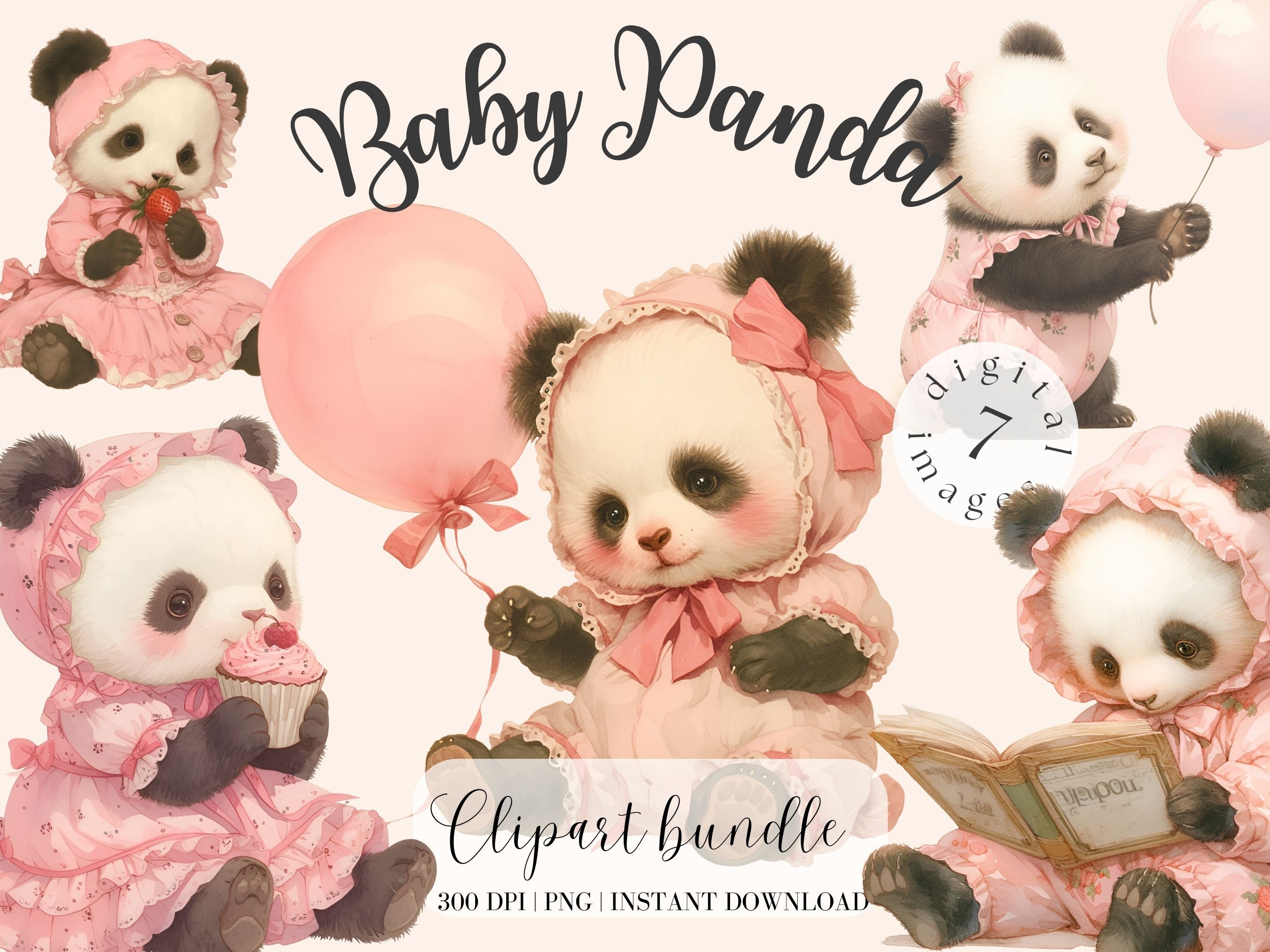 Baby Panda Bear Clipart Bundle Watercolor Bear in Pink Nursery Digital ...