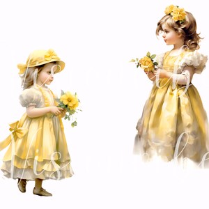 Vintage Little Girl in Yellow Dress Clipart Bundle Watercolor Girl With ...