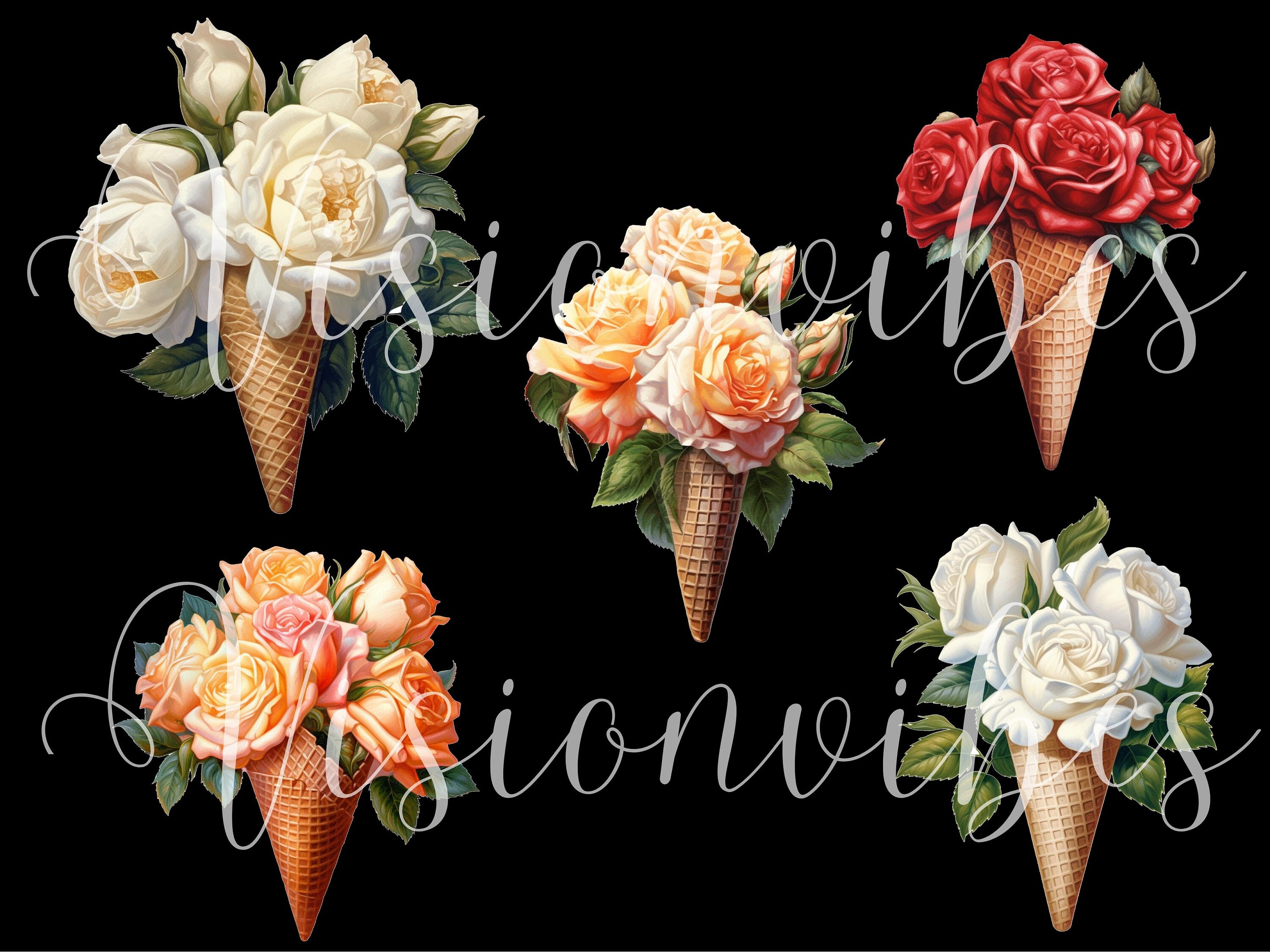 Roses in Waffle Cones Watercolor Clipart Bundle Roses Digital - Etsy