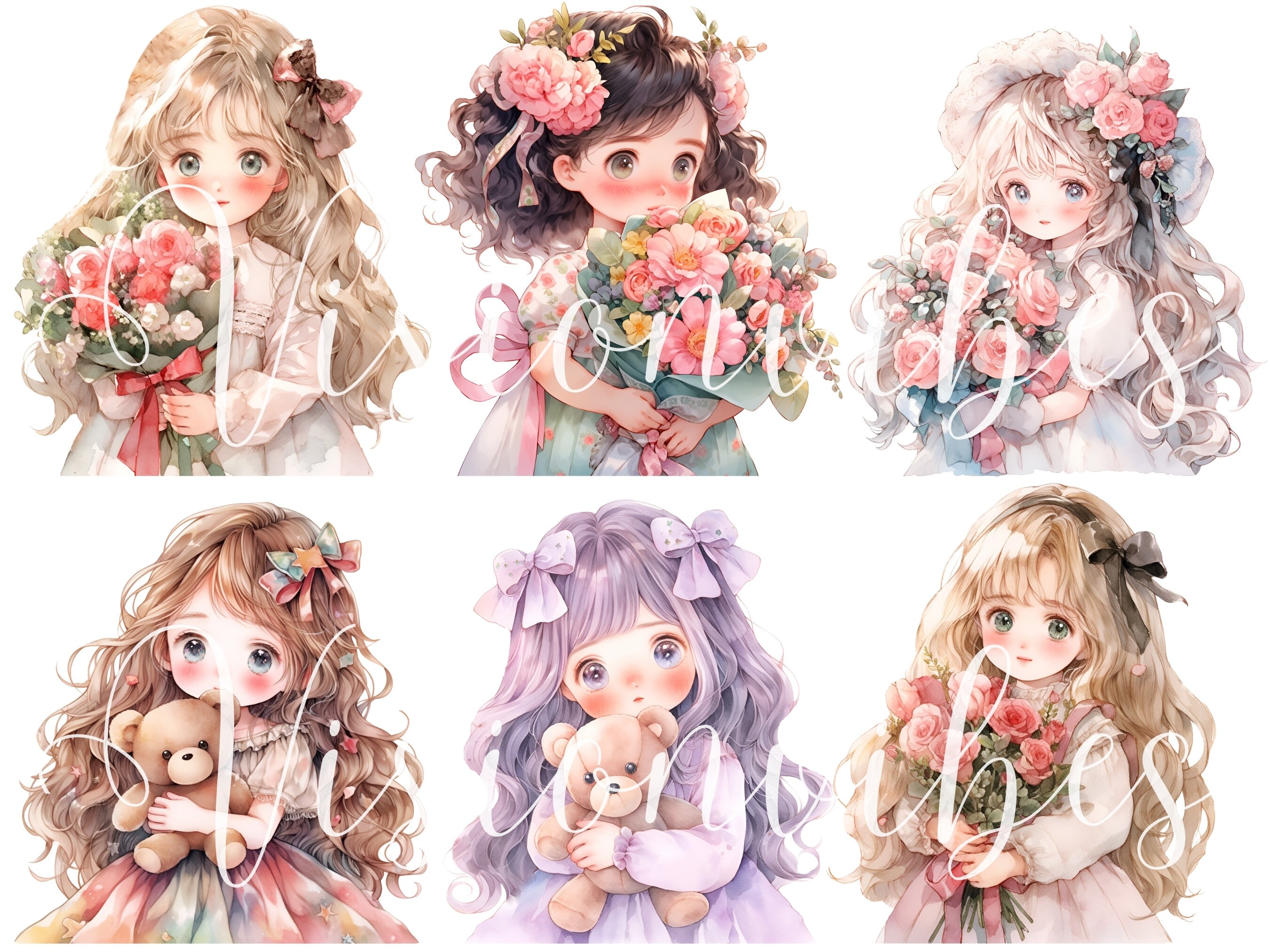 Cute Little Girl Clipart Watercolor Girl Clipart Bundle Floral Girl ...